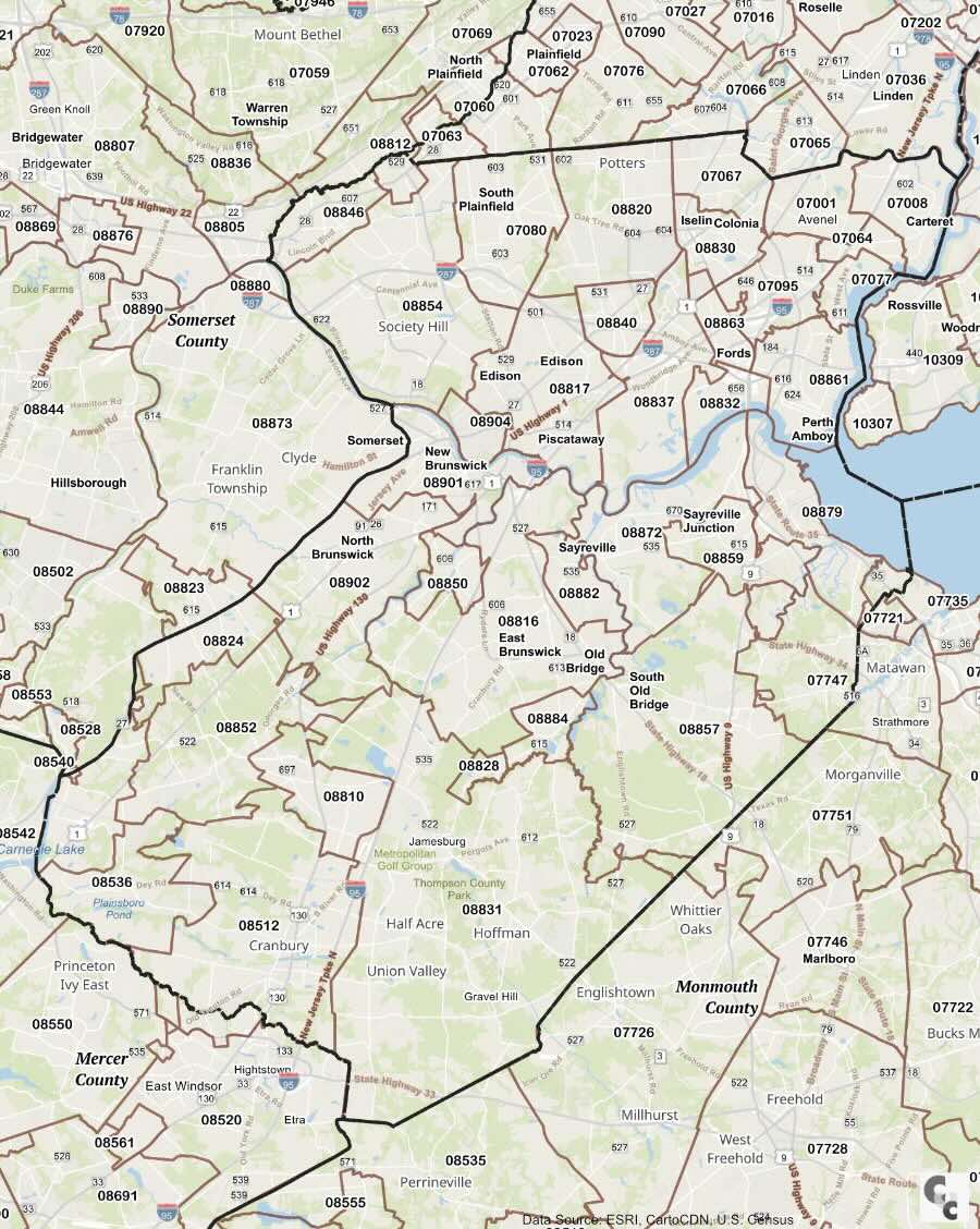 Middlesex County NJ Zip Code Boundary Map Middlesex County NJ Zip Code Boundary Map