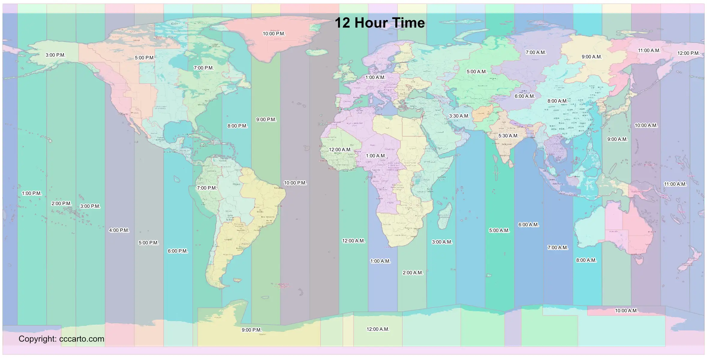 12-Hour Time Zone Map – World Time in Twelve Hour Format | CCCarto
