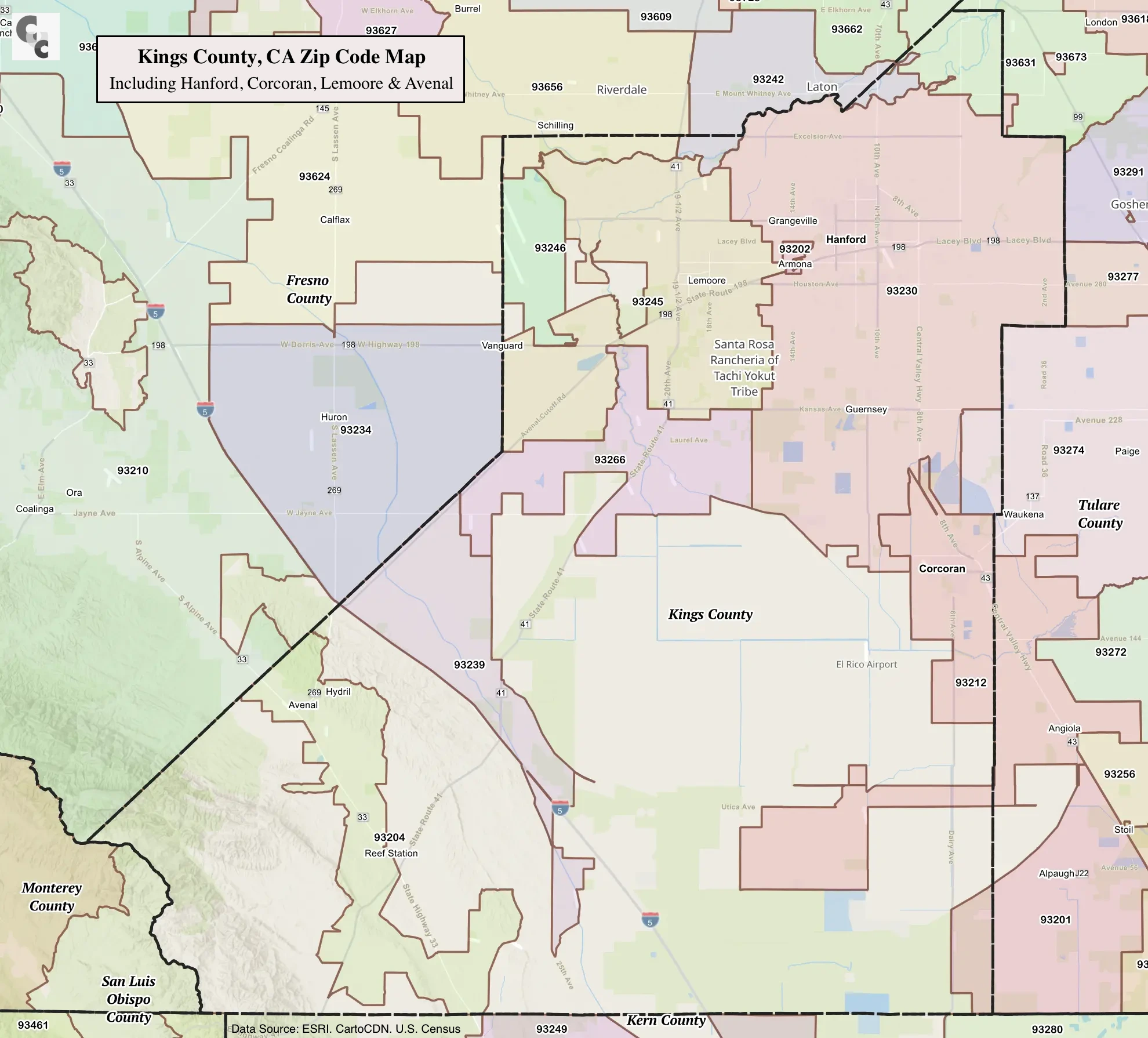 Kings County CA Zip Codes Hanford CA Zip Code Boundary Map