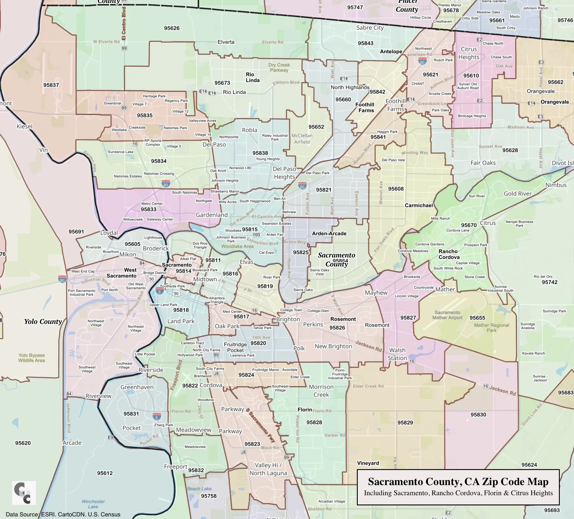 Sacramento Zip Codes Citrus Heights Zip Code Boundary Map
