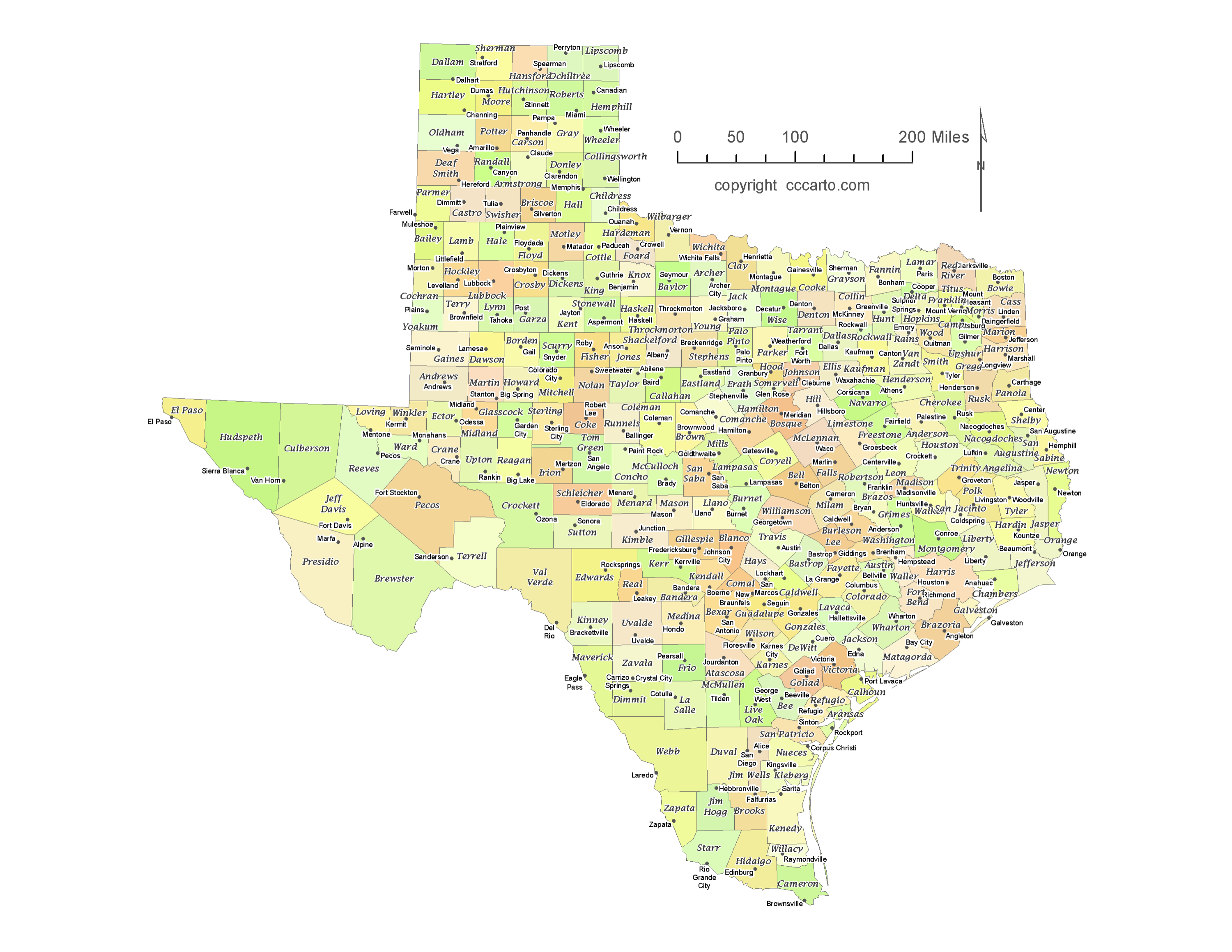 Texas County Map & County Seats (All 254 Counties) | CCCarto