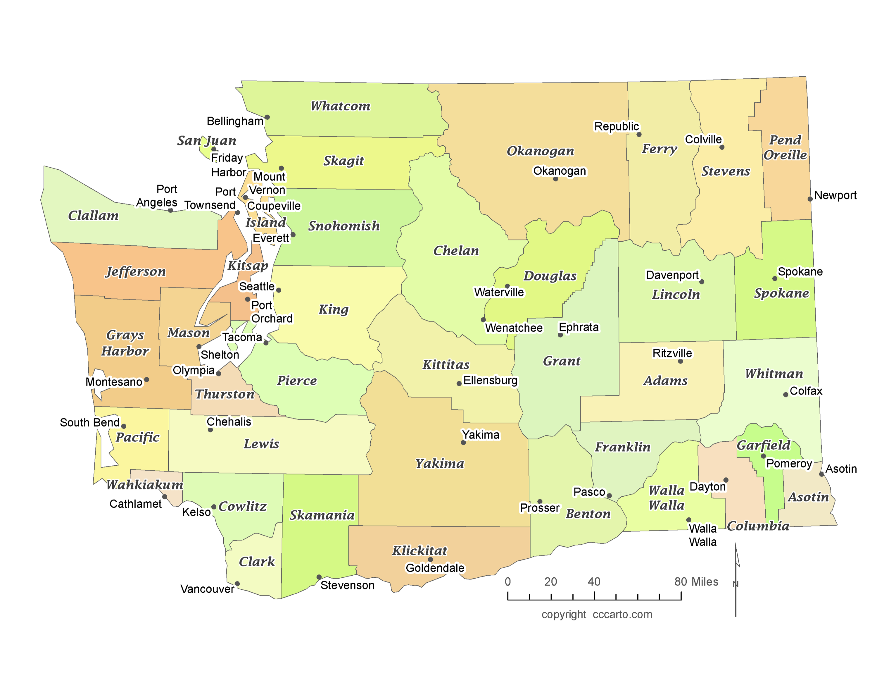 State of Washington County Map with the County Seats - CCCarto