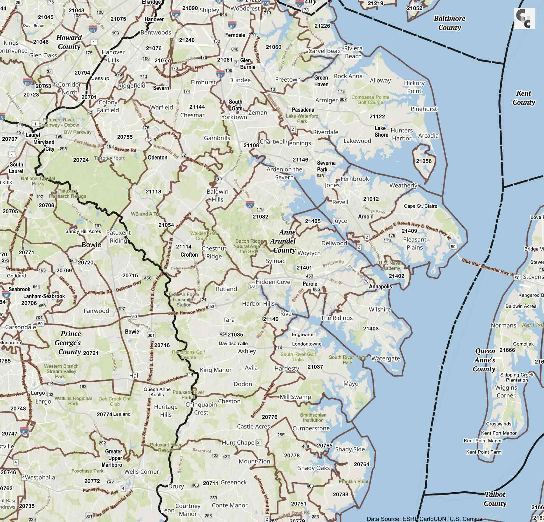 Anne Arundel County, MD Zip Map | Annapolis, Odenton, Severna Park, Crofton