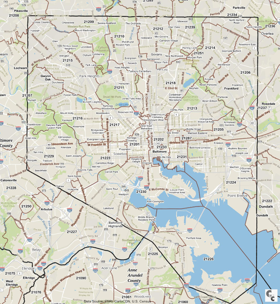 Baltimore City, MD Zip Map | Inner Harbor, Hampden, Canton, Roland Park