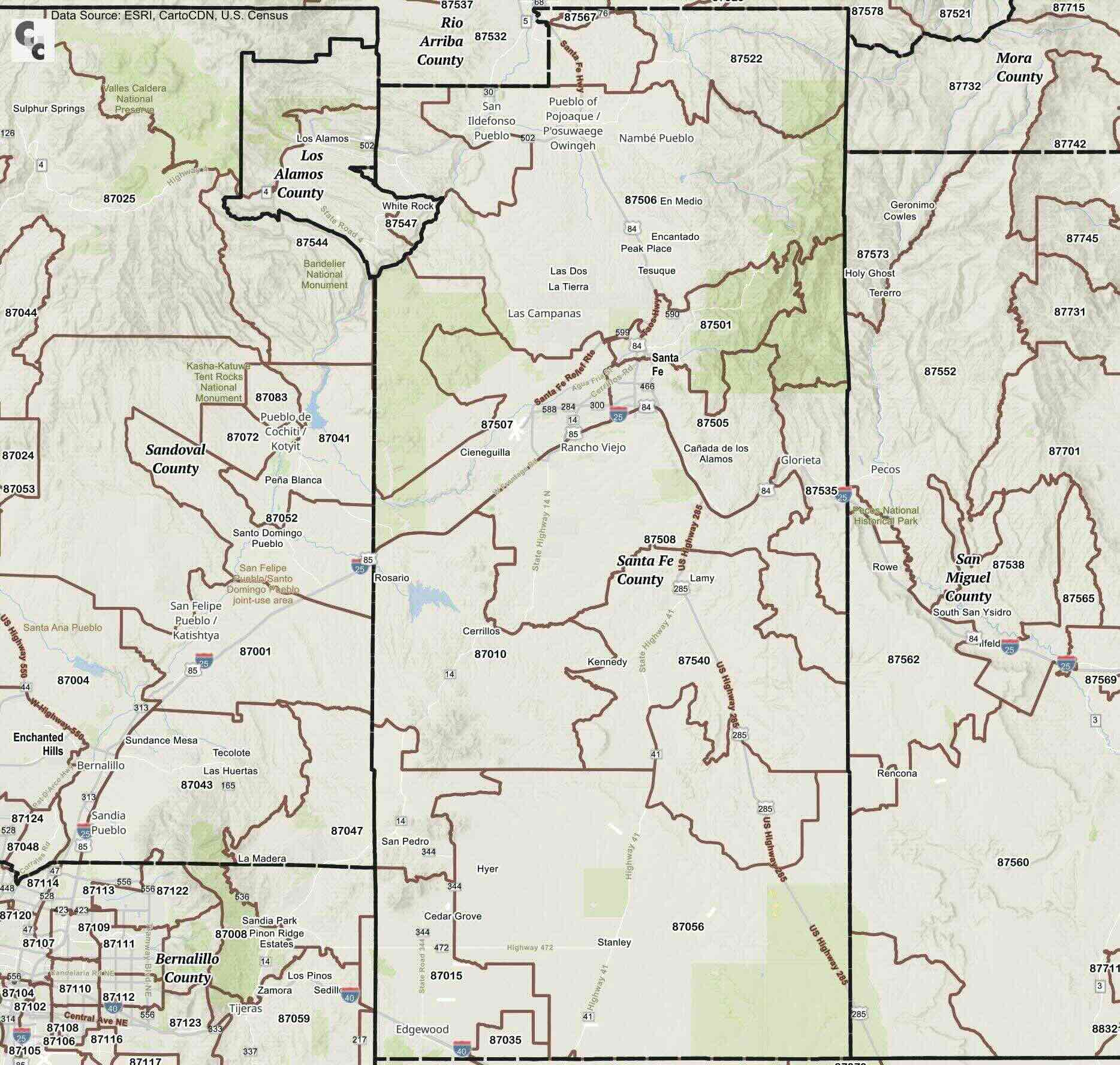 Santa Fe County, NM Zip Map | Santa Fe, Edgewood, Espanola, El Dorado