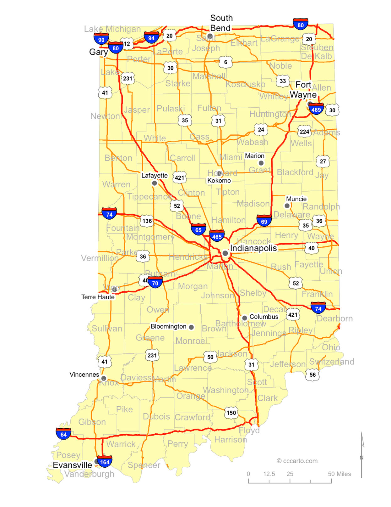 Indiana's Roads - Indiana's Interstates and Hwys Map - CCCarto.com